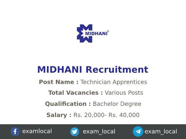 MIDHANI Recruitment 2021 | Various Trade Apprentices Jobs - ExamLocal.in